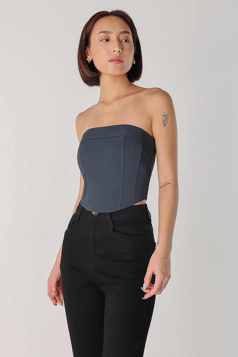 GINA PADDED FOLD-OVER TUBE CORSET (GUN BLUE) | Lovet