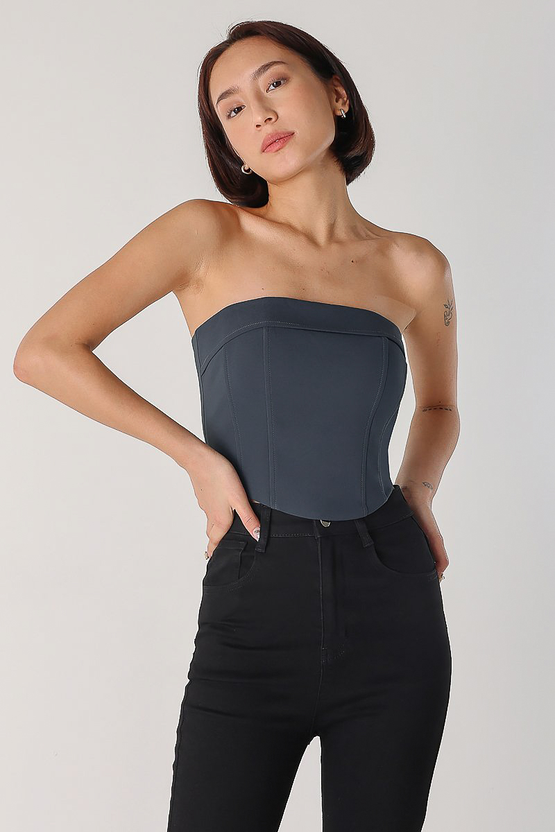 GINA PADDED FOLD-OVER TUBE CORSET (GUN BLUE) | Lovet