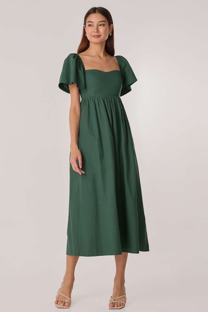 LUCINDA PADDED FLUTTER SLEEVE MIDAXI DRESS (CASTLETON GREEN) | Lovet