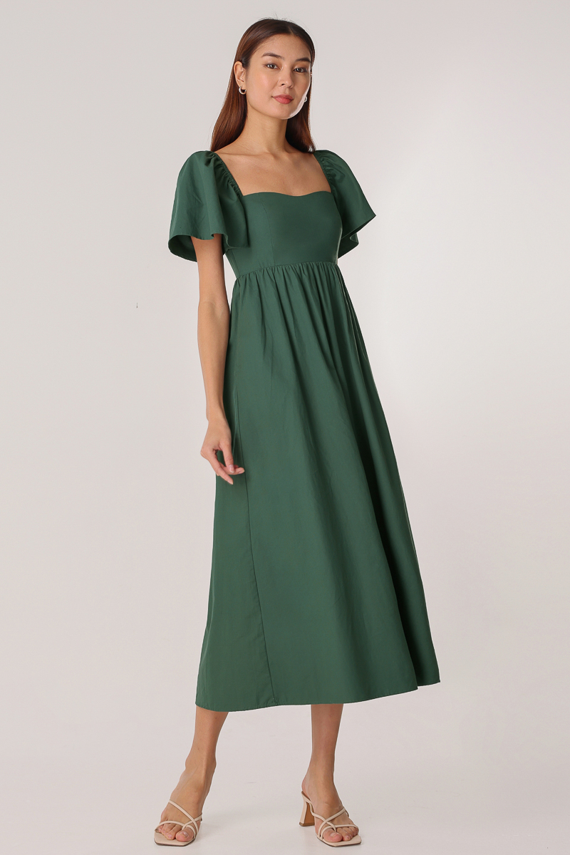 LUCINDA PADDED FLUTTER SLEEVE MIDAXI DRESS (CASTLETON GREEN) | Lovet