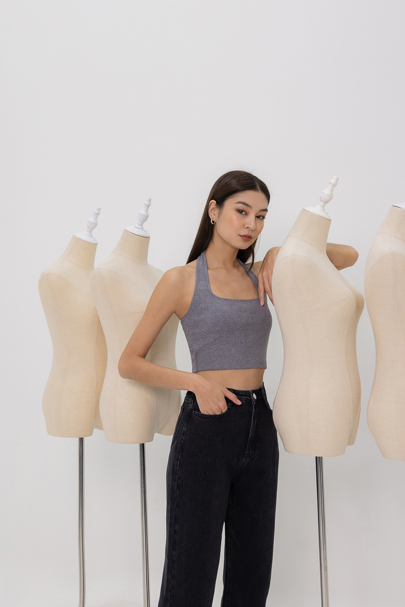 AIMEE HALTER PADDED RIBBED TOP (HEATHER GREY) | Lovet