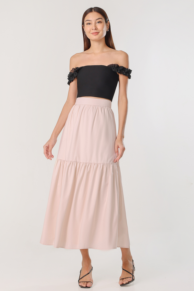 VALENCIA PADDED ORGANZA RUFFLE STRAP TOP (BLACK) | Lovet