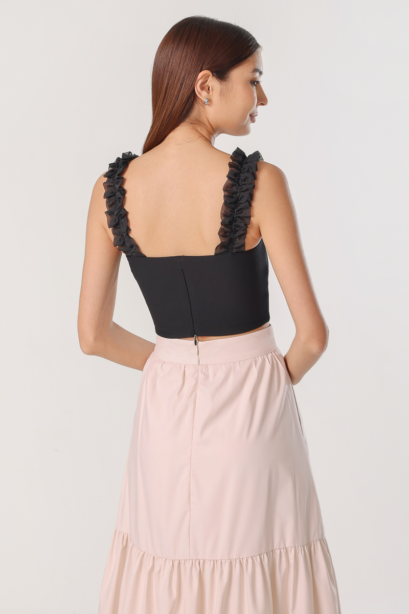 VALENCIA PADDED ORGANZA RUFFLE STRAP TOP (BLACK) | Lovet