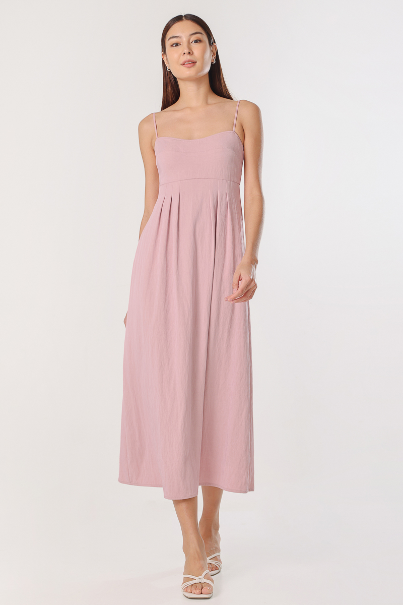 ERIN PADDED SIDE PLEATED MIDAXI DRESS (SOFT PINK) | Lovet