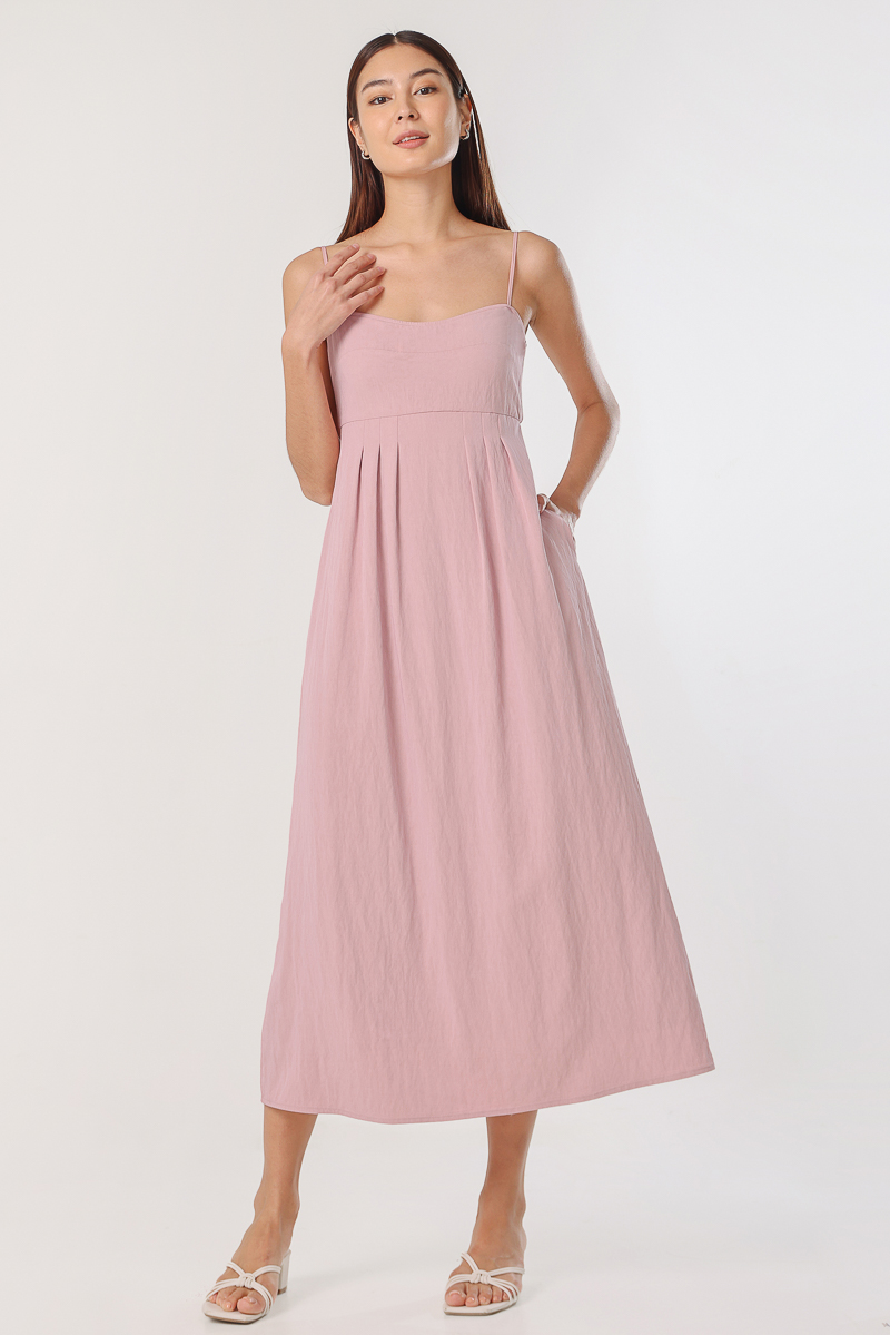 ERIN PADDED SIDE PLEATED MIDAXI DRESS (SOFT PINK) | Lovet