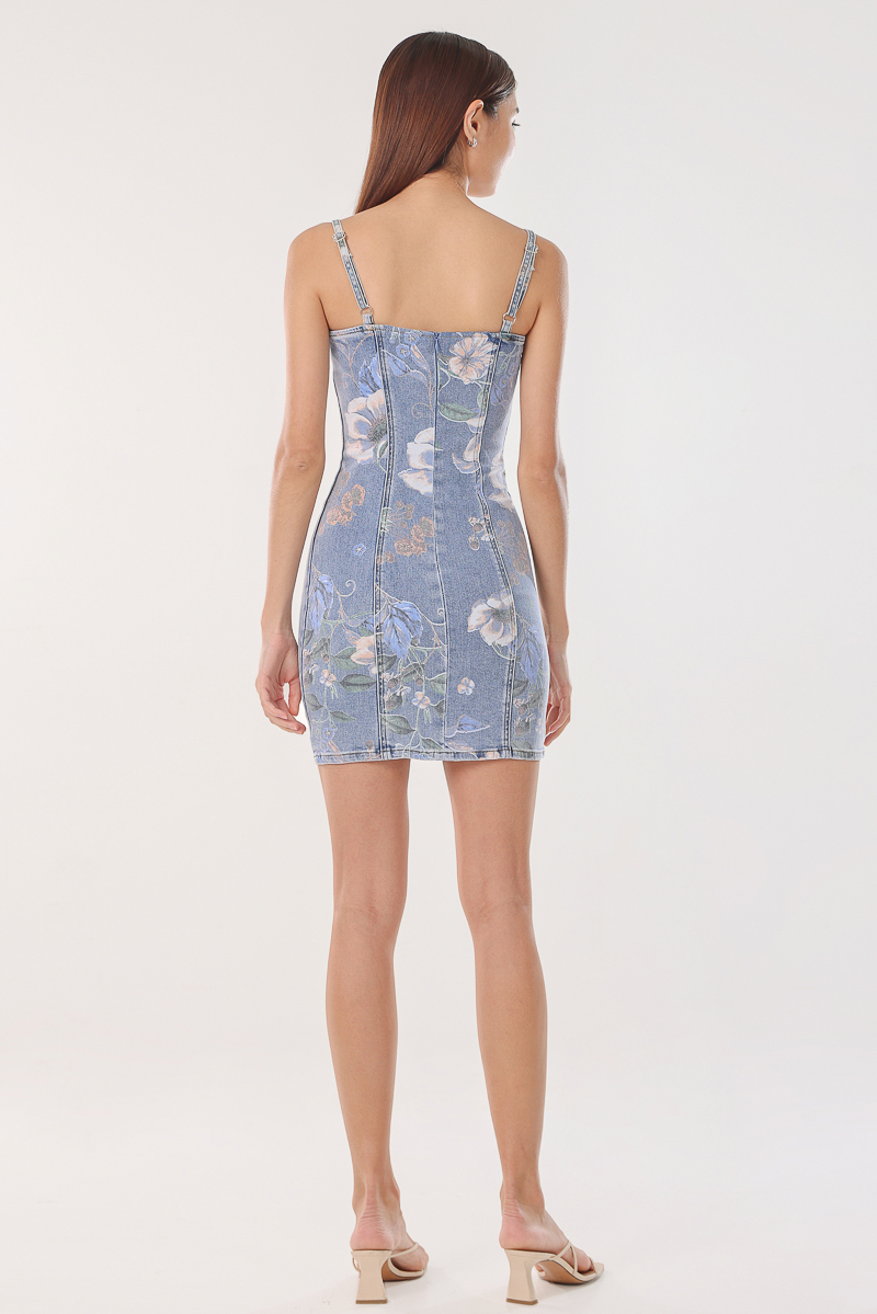 BLOSSOM FLORAL DENIM BODYCON MINI DRESS (DENIM) | Lovet