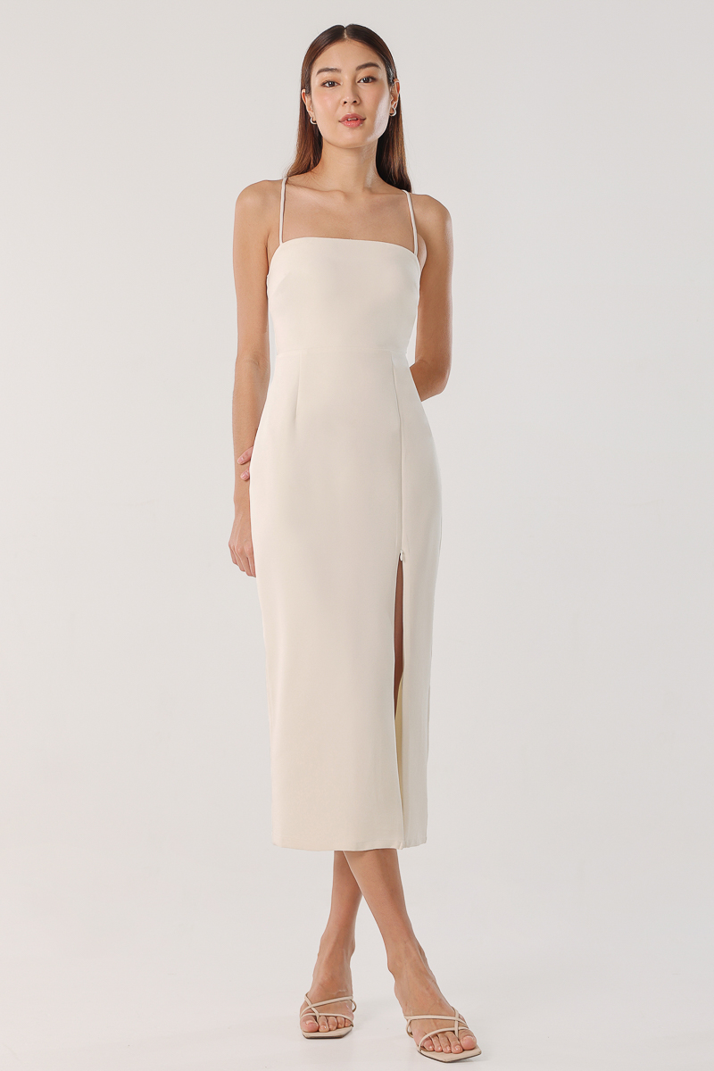 NADINE PADDED CROSS-BACK TIE MIDAXI DRESS (CREAM) | Lovet