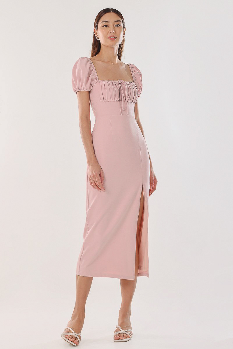 POLLY PADDED TWO-WAY TIE RUCHED SLIT DRESS (BLOSSOM PINK) | Lovet