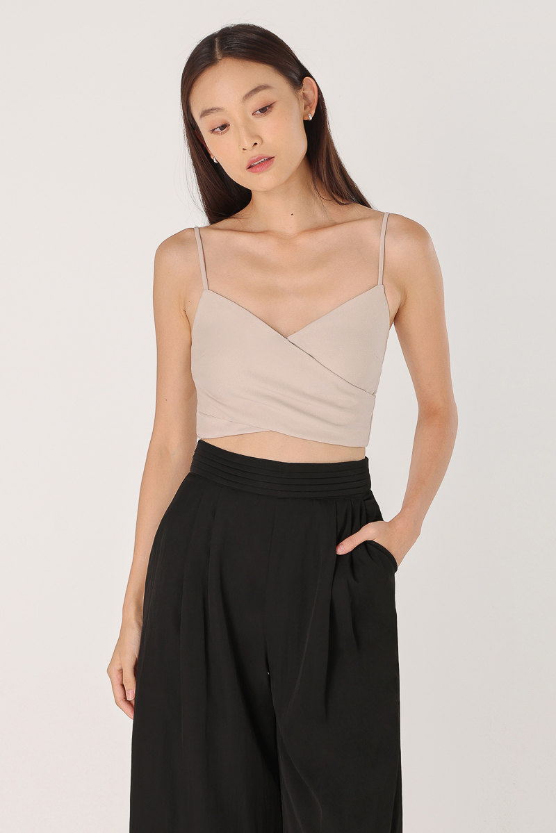BETHANY PADDED CAMI WRAP RUCHED TOP (GREIGE) | Lovet