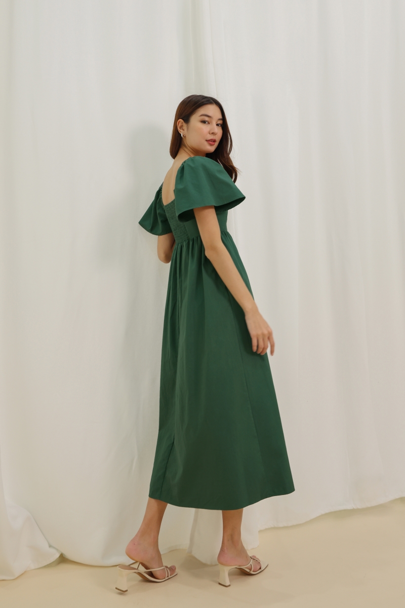 LUCINDA PADDED FLUTTER SLEEVE MIDAXI DRESS (CASTLETON GREEN) | Lovet