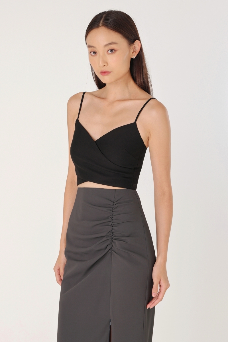 BETHANY PADDED CAMI WRAP RUCHED TOP (BLACK) | Lovet