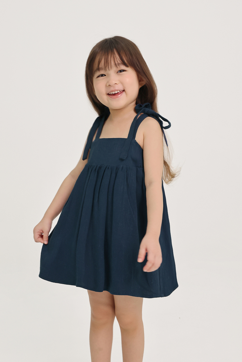 LOVISA LINEN TIE-STRAP TENT DRESS (NAVY BLUE) - MINI GIRL | Lovet