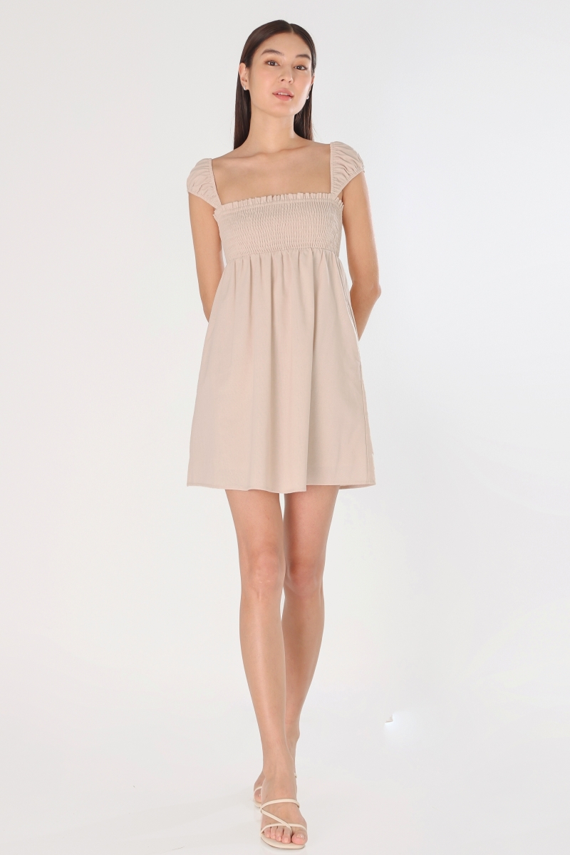 MEL CAP PUFFY SLEEVE SMOCKED BABYDOLL DRESS (OAT) | Lovet