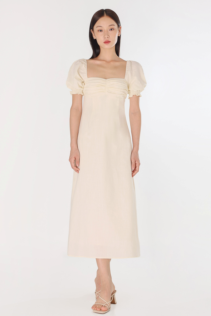 REBECCA PADDED LINEN RUCHED PUFF SLEEVE MIDAXI DRESS (IVORY) | Lovet