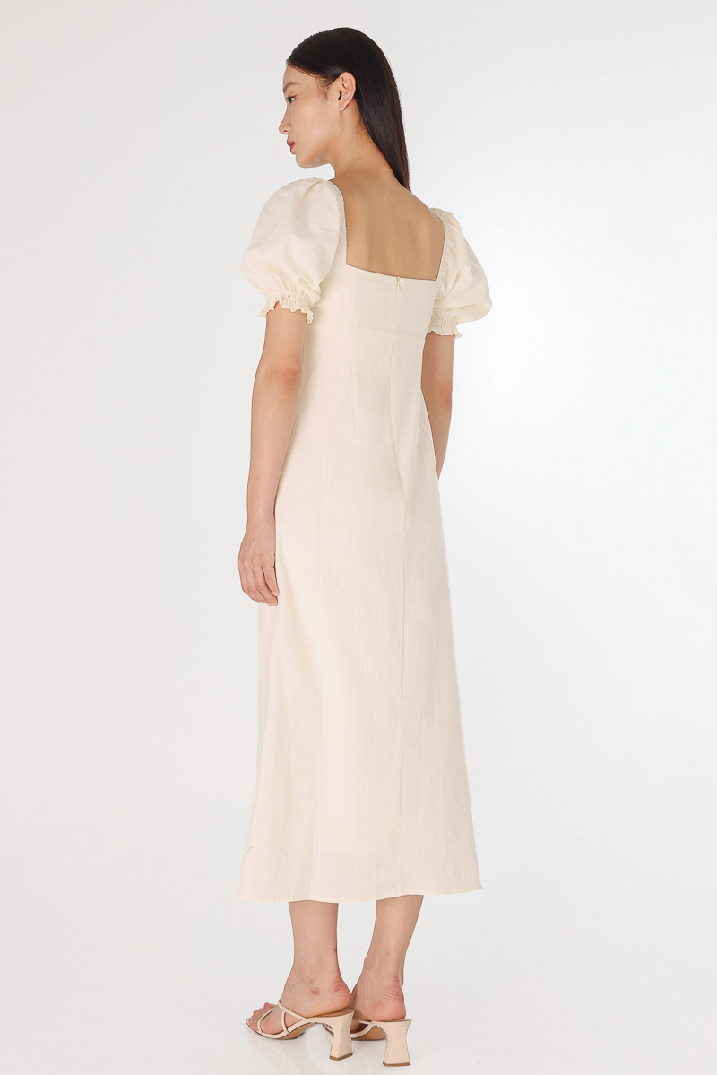 REBECCA PADDED LINEN RUCHED PUFF SLEEVE MIDAXI DRESS (IVORY) | Lovet