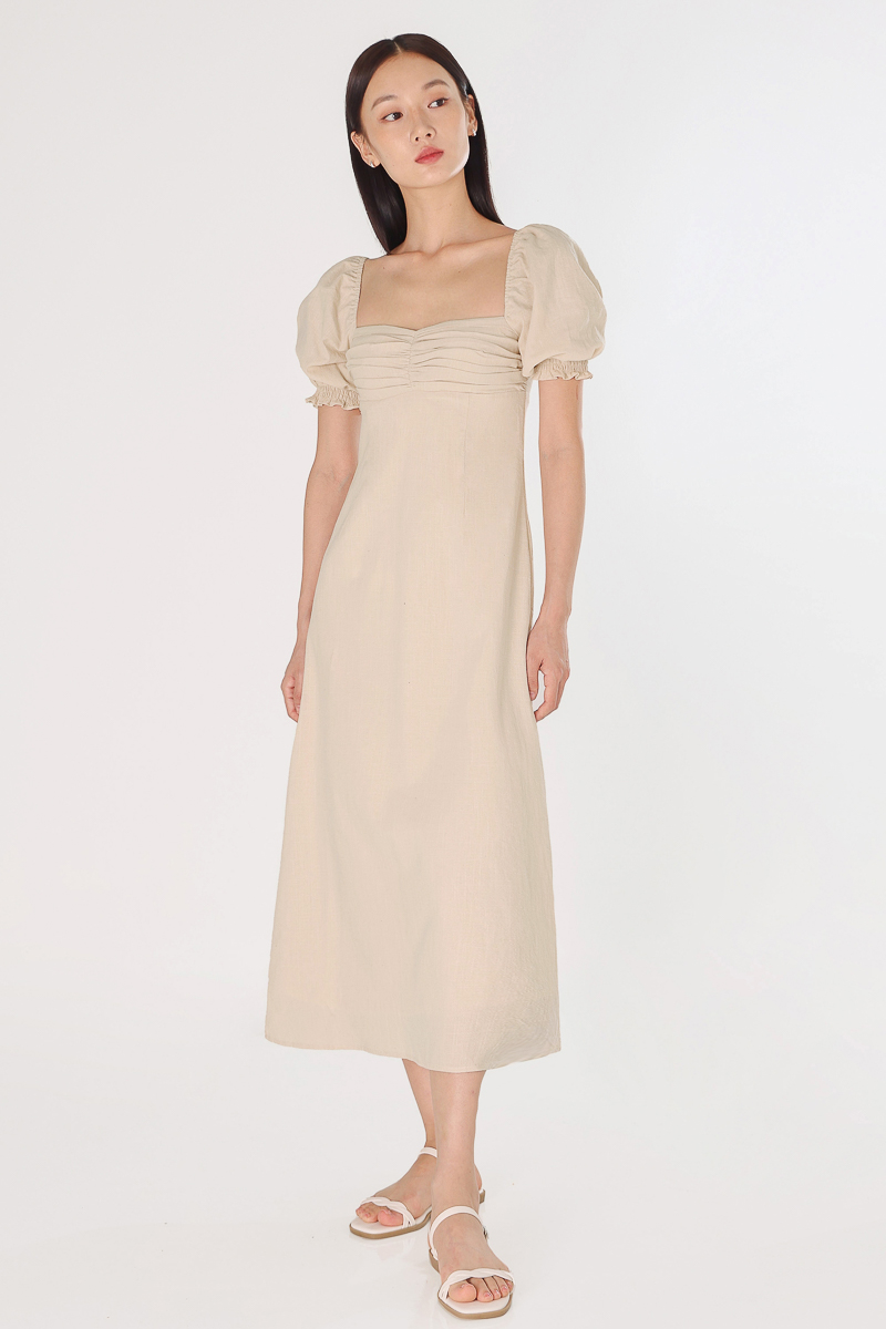 REBECCA PADDED LINEN RUCHED PUFF SLEEVE MIDAXI DRESS (ALMOND) | Lovet