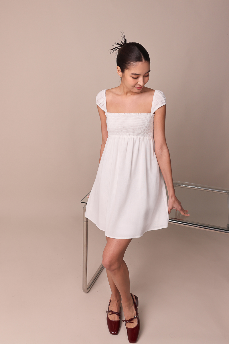 MEL CAP PUFFY SLEEVE SMOCKED BABYDOLL DRESS (WHITE) | Lovet