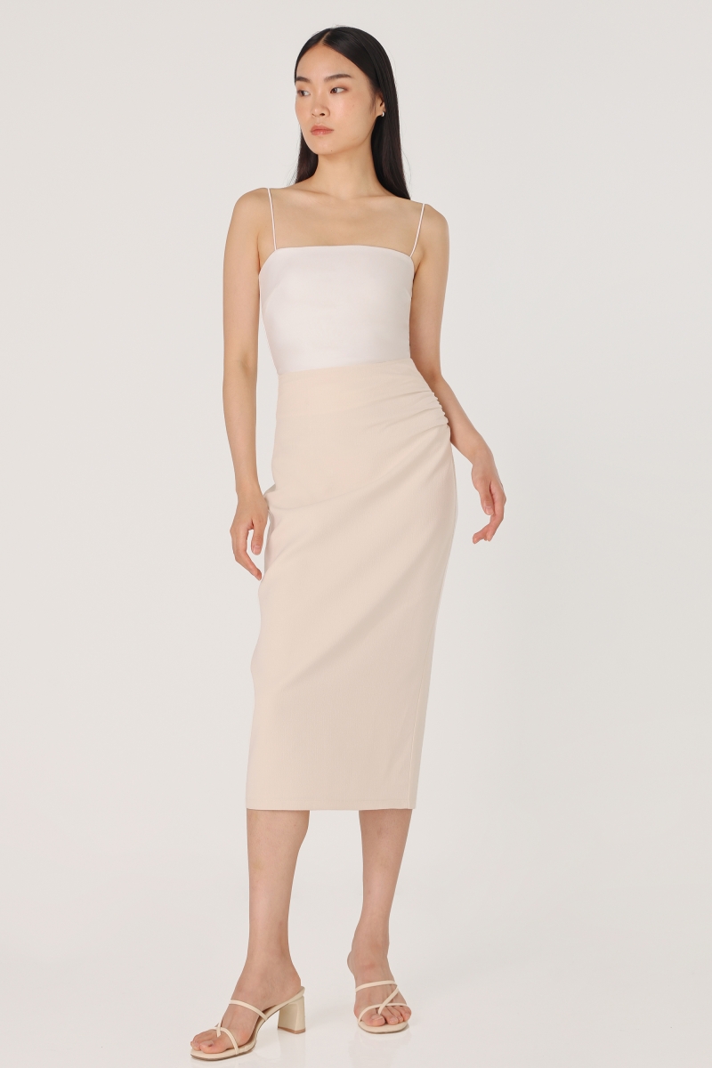 HALIA TEXTURED SIDE RUCHED TAILORED PENCIL SKIRT (IVORY CREAM) | Lovet