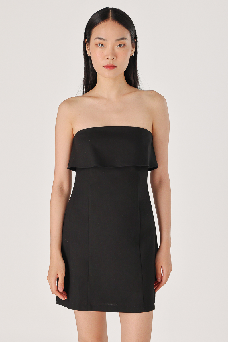 ETHEL LINEN PADDED TWO-WAY TUBE OVERLAY DRESS (BLACK) | Lovet