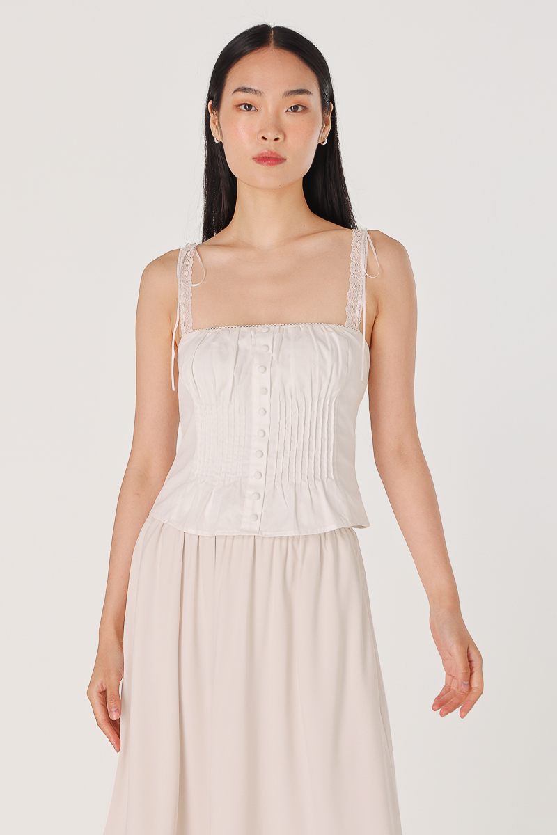 MAIRA PADDED RIBBON LACE STRAP PINTUCK TOP (WHITE) | Lovet