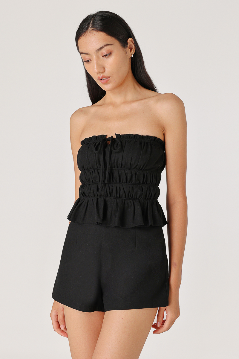 ELICIA PADDED LINEN RIBBON RUCHED TUBE TOP (BLACK) | Lovet