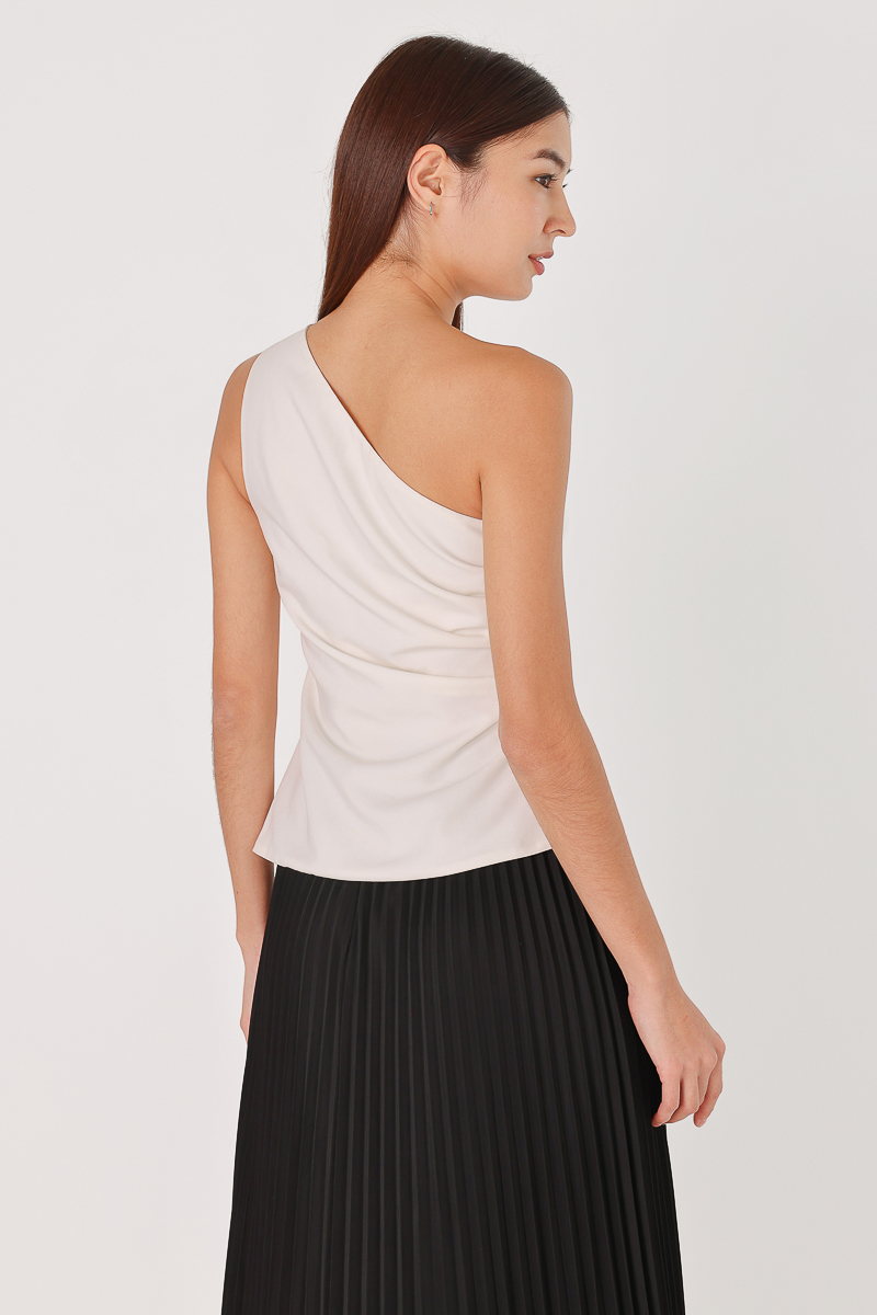 AVALYN ASYMMETRICAL RUCHED TOGA TOP (WHITE) | Lovet