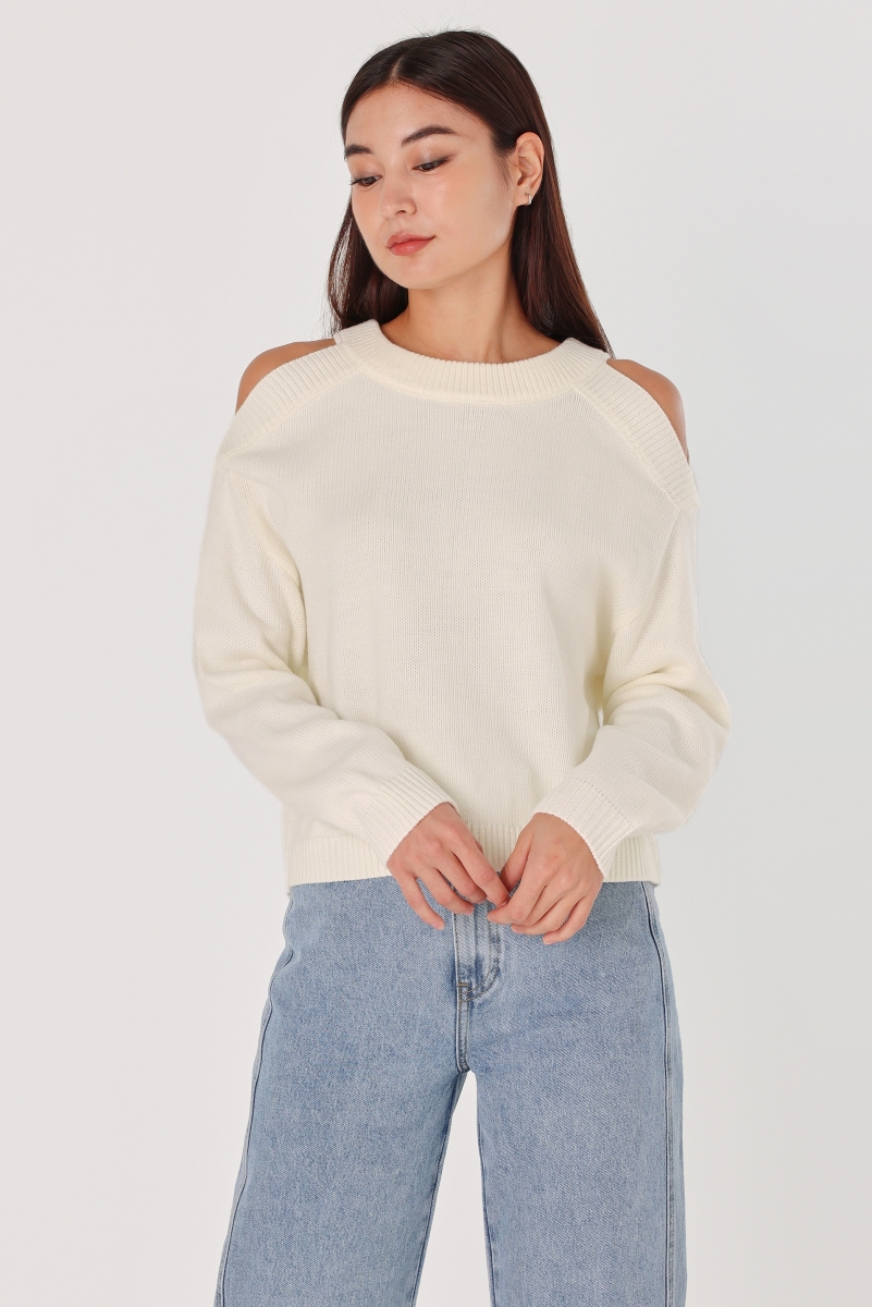 DONNA COLD SHOULDER PULLOVER KNIT TOP (OFF-WHITE) | Lovet