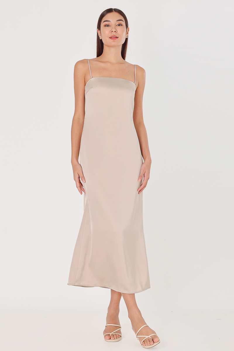 MABEL PADDED SATIN BACK SLIT TWO-WAY COLUMN MAXI DRESS (CHAMPAGNE) | Lovet