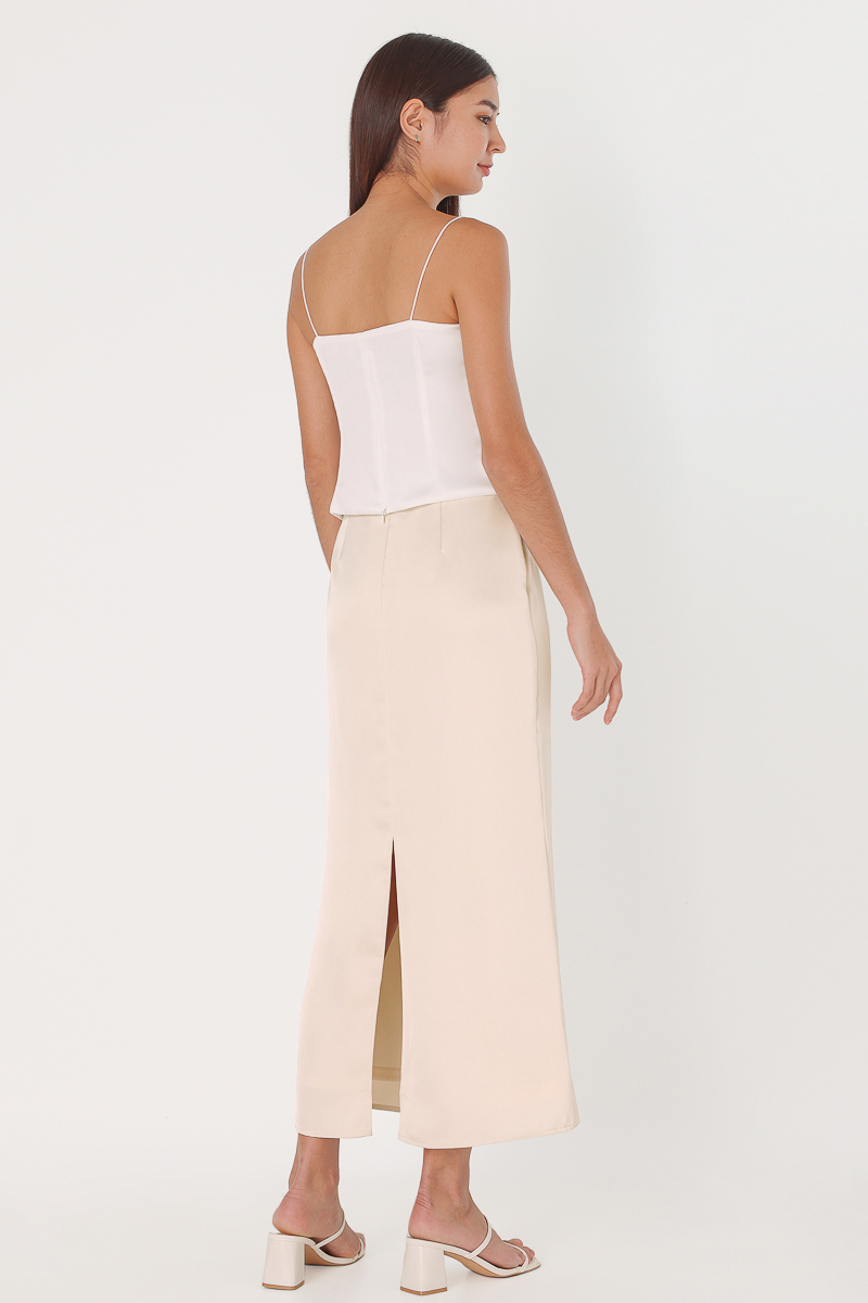 VIVETTE FLORAL TRIM RUCHED V-NECK SATIN TOP (WHITE) | Lovet