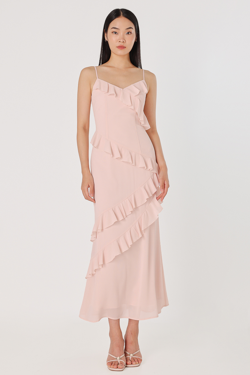 VIOLA PADDED CHIFFON RUFFLE DRAPE MAXI DRESS (PINK) | Lovet