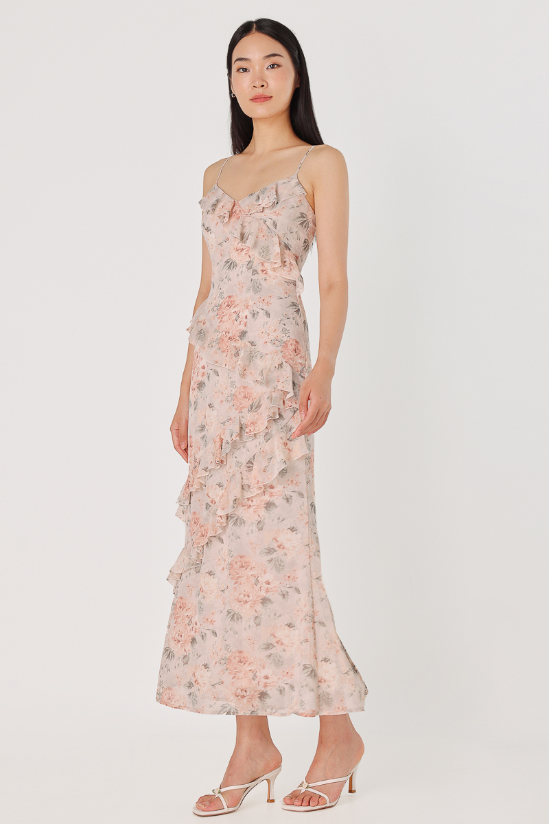 VIOLA PADDED CHIFFON RUFFLE DRAPE MAXI DRESS (HAZE FLORAL) | Lovet