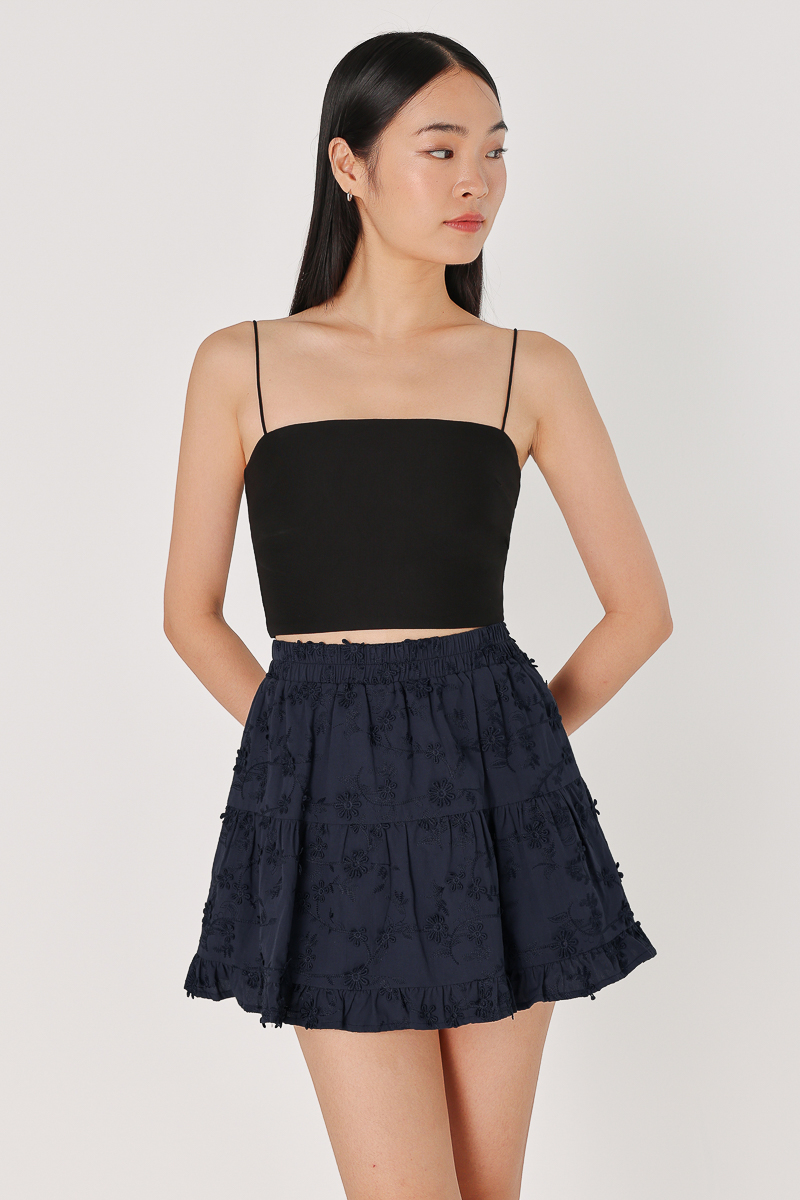 AYUMI FLORAL EMBROIDERED RUFFLE SKORTS (OXFORD NAVY) | Lovet