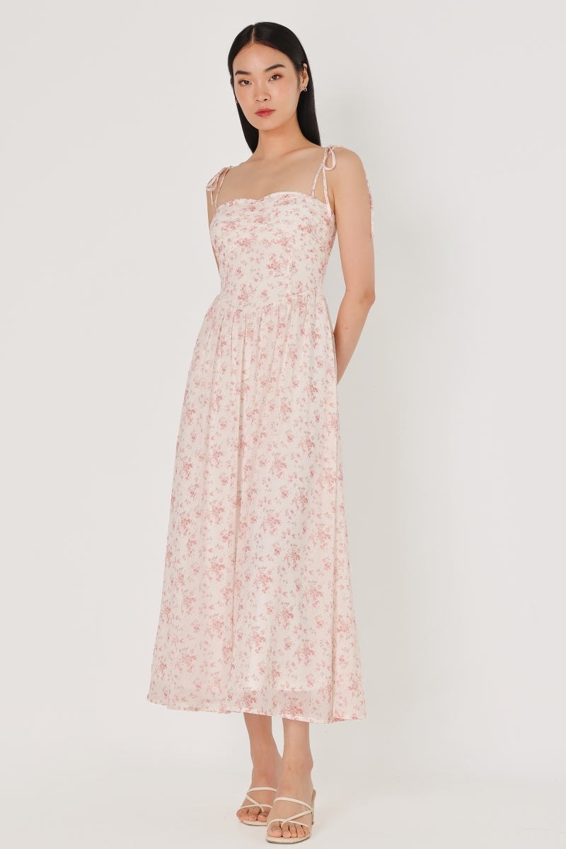 MARELLE PADDED CHIFFON CORSET FLORAL TIE-STRING MAXI DRESS (RED FLORAL ...