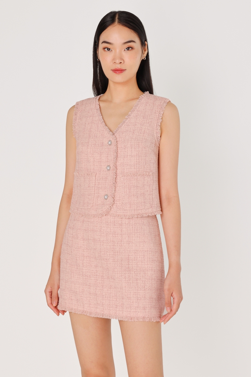 TIFFANY FRAYED TWEED BUTTON VEST TOP (PINK) | Lovet