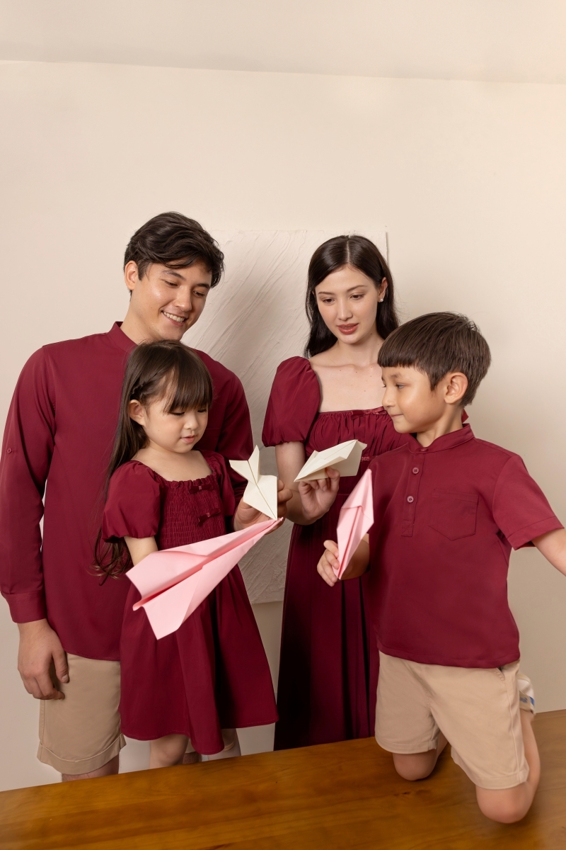 MABELLE RIBBON PUFF SLEEVE DRESS (WINE) - MINI GIRL | Lovet