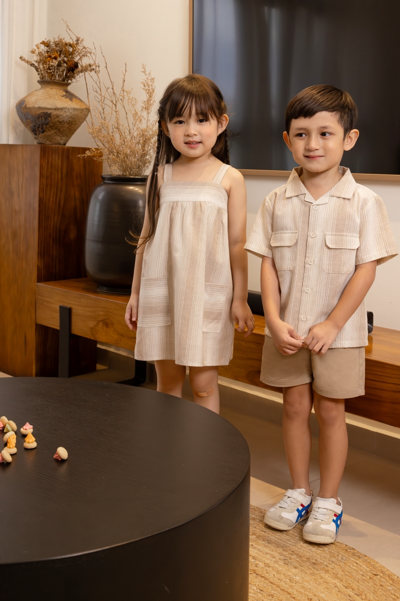 LEON LINEN STRIPED FLAP POCKET BUTTON SHIRT (DUNE) - MINI BOY | Lovet