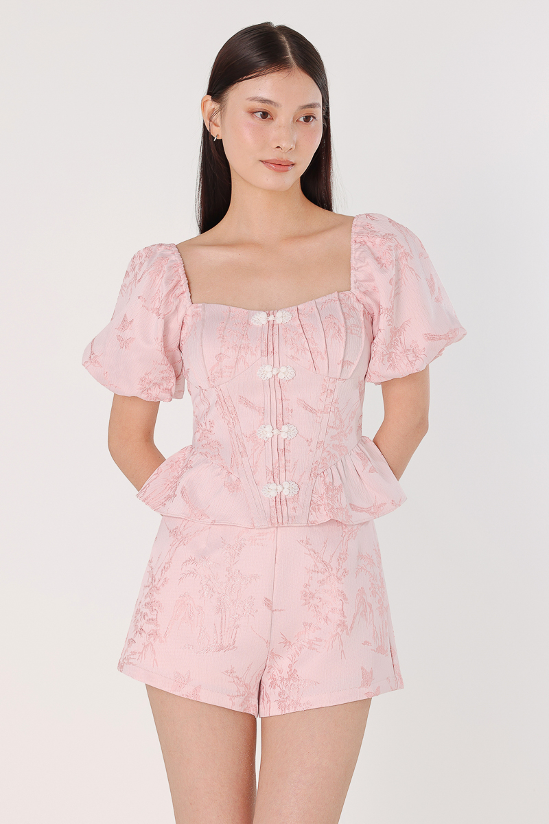 KARINA PADDED FLORAL JACQUARD PUFF SLEEVE TOP | Lovet