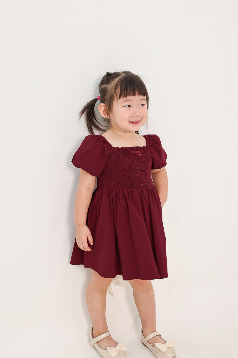 MABELLE RIBBON PUFF SLEEVE DRESS (WINE) - MINI GIRL | Lovet