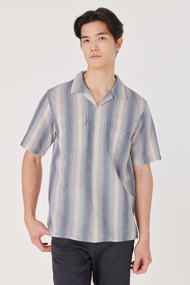 LEON LINEN STRIPED FLAP POCKET BUTTON SHIRT (MARINE) | Lovet