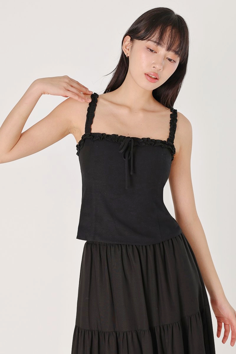 MEREDITH PADDED RUFFLE RIBBON-TIE TOP (BLACK) | Lovet