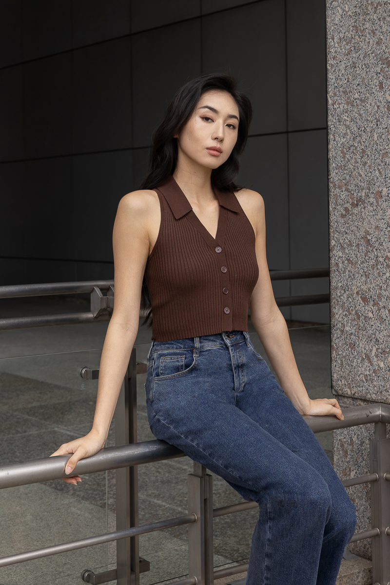 MORGAN BUTTON COLLARED KNIT TOP (BROWN) | Lovet
