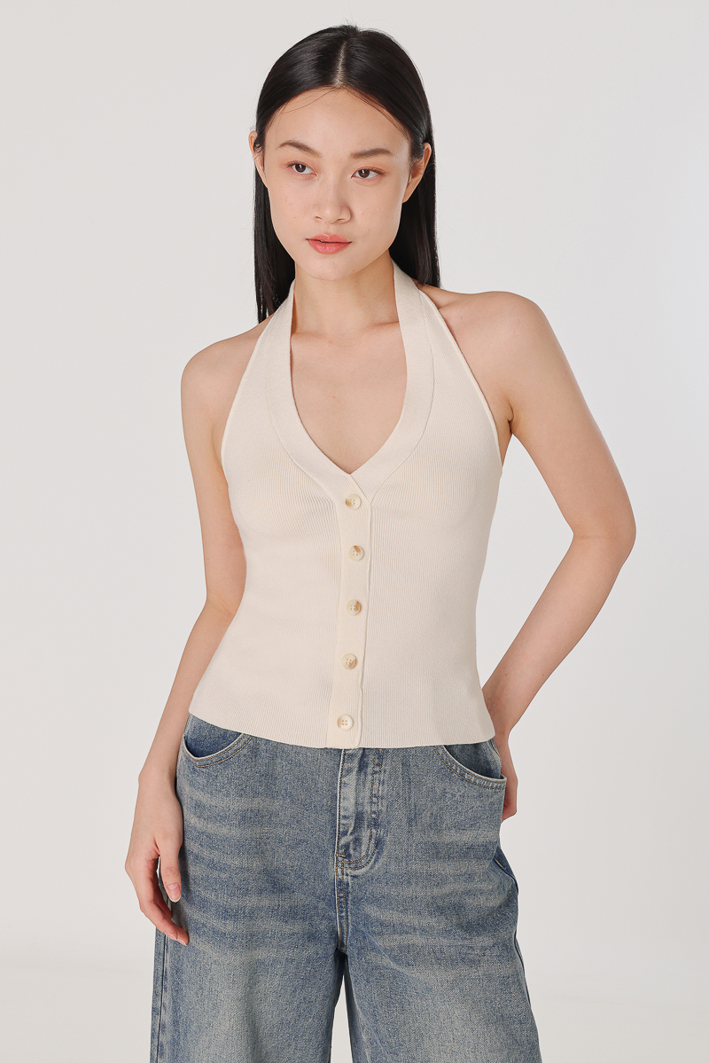 DESIREE HALTER SHELL BUTTON KNIT TOP (OFF-WHITE) | Lovet