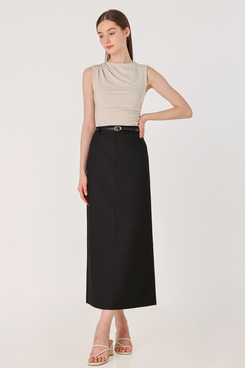 LEONA BELTED COLUMN BACK SLIT MAXI SKIRT (BLACK) | Lovet