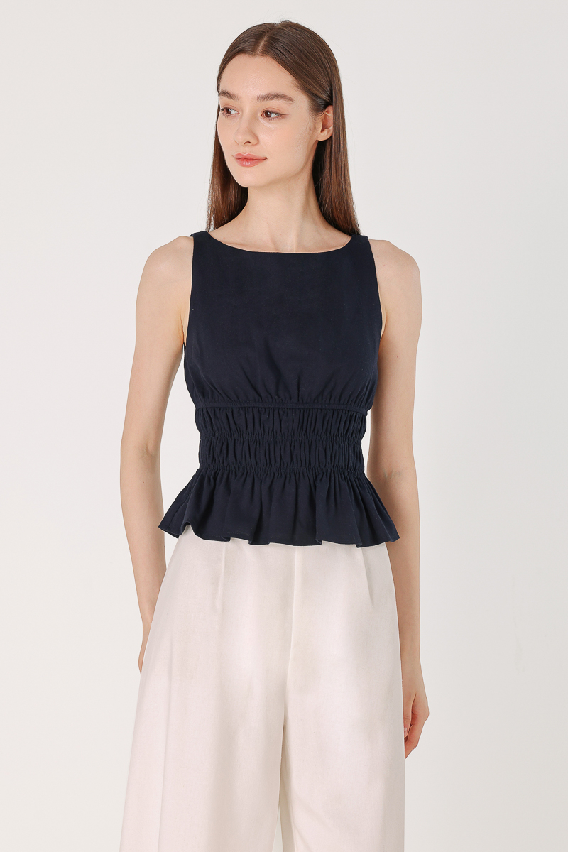 ASTER LINEN ELASTIC RUCHED WAIST TOP (NAVY) | Lovet