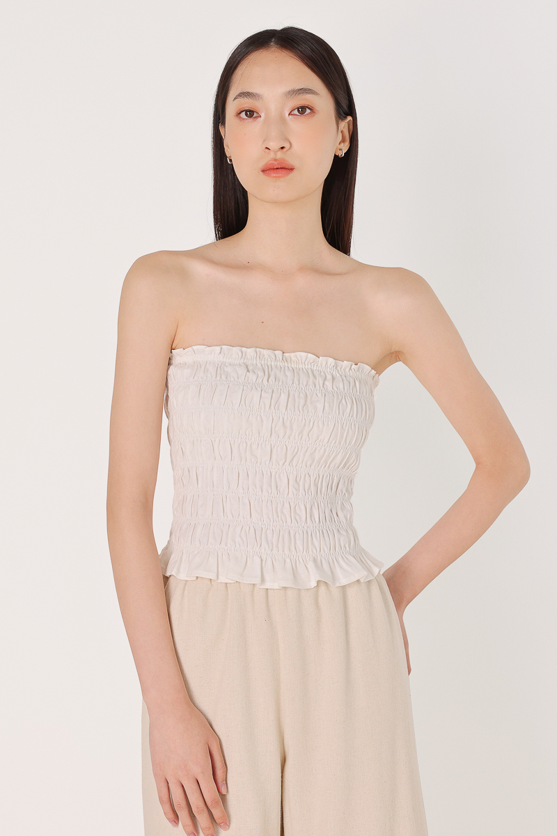 SADIE PADDED LINEN SMOCKED TUBE TOP (WHITE) | Lovet