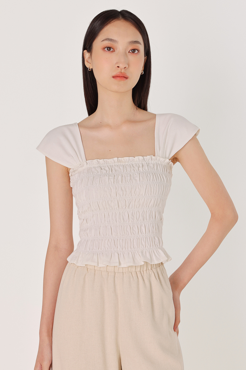 SADIE PADDED LINEN SMOCKED TUBE TOP (WHITE) | Lovet
