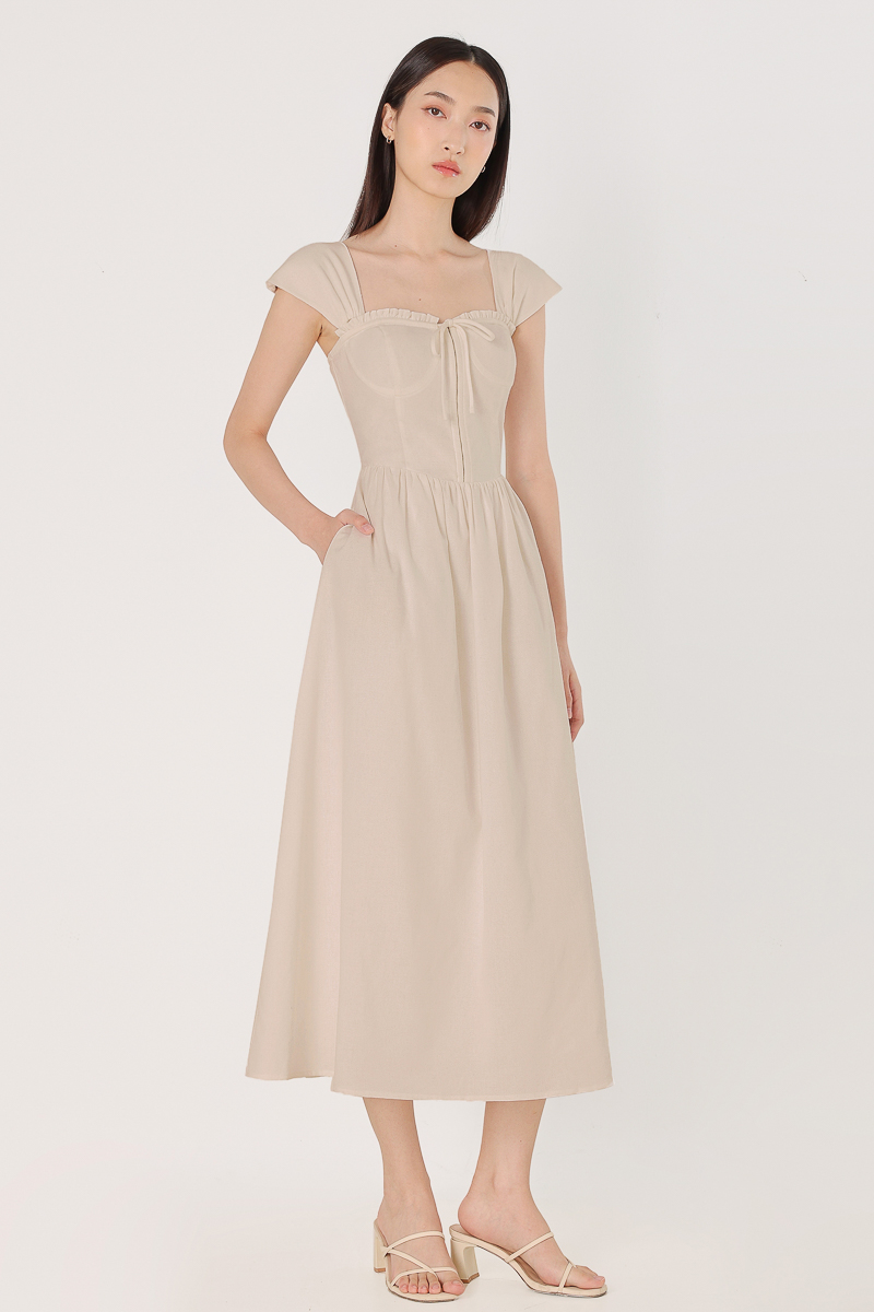 LEIGH PADDED LINEN CORSET RIBBON TUBE MIDAXI DRESS (NATURAL) | Lovet