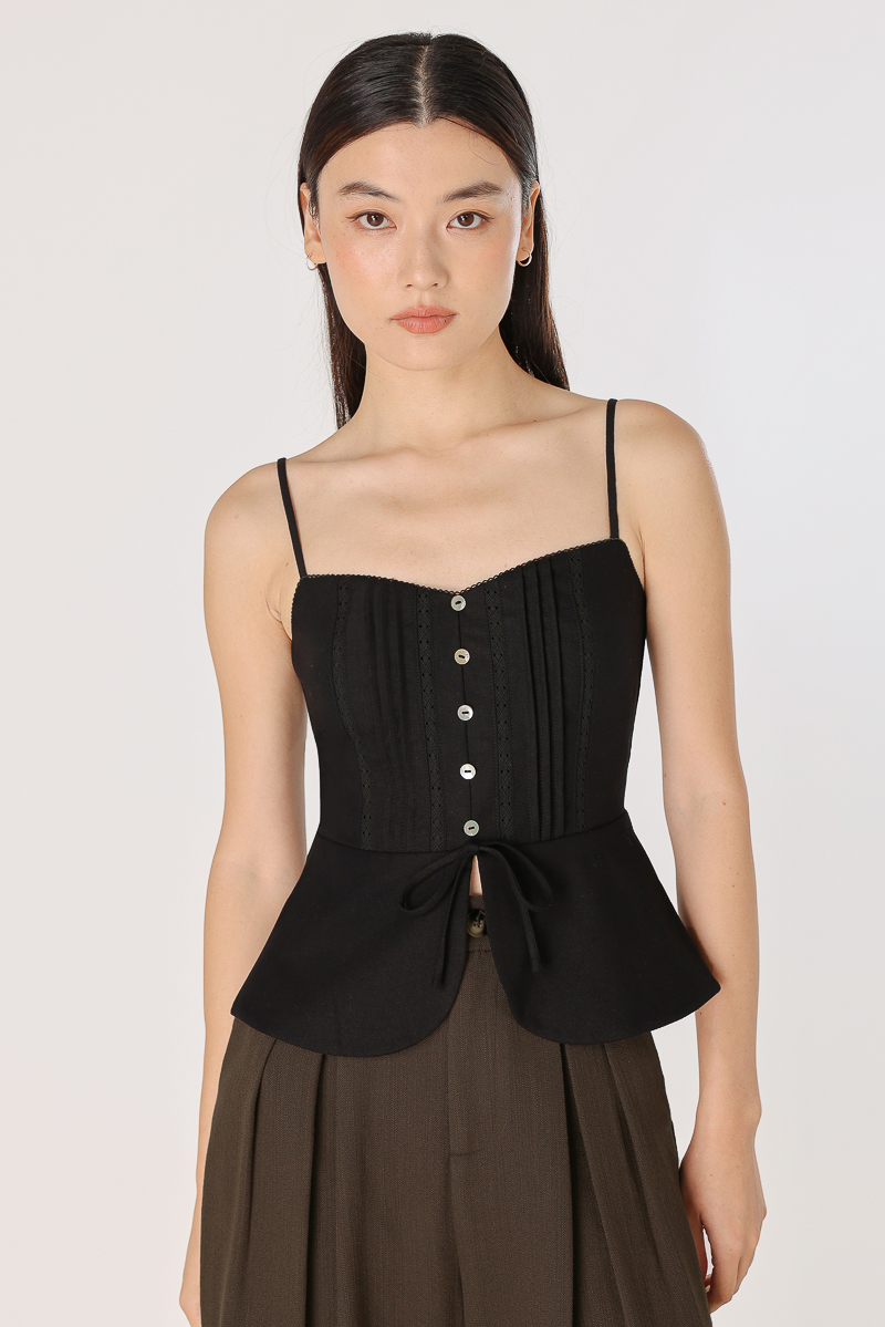 SHANA PADDED LINEN PINTUCK SHELL BUTTON TOP (BLACK) | Lovet