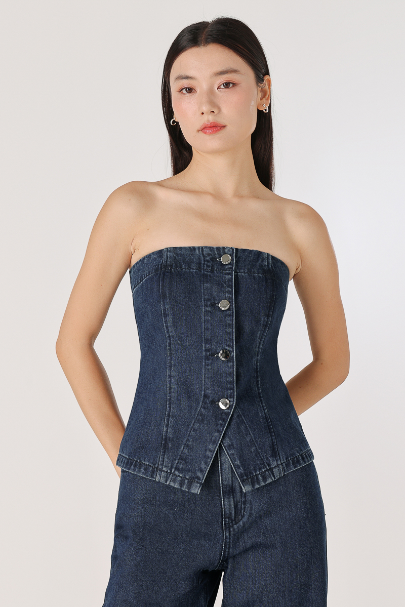 DIVINE DENIM BUTTON TUBE VEST TOP (DARK WASHED) | Lovet