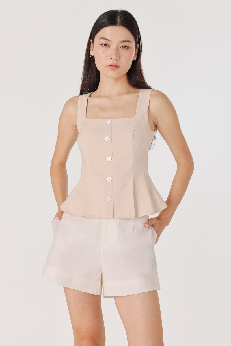 AZLYNN PADDED LINEN SHELL BUTTON PLEATED HEM TOP (OAT) | Lovet